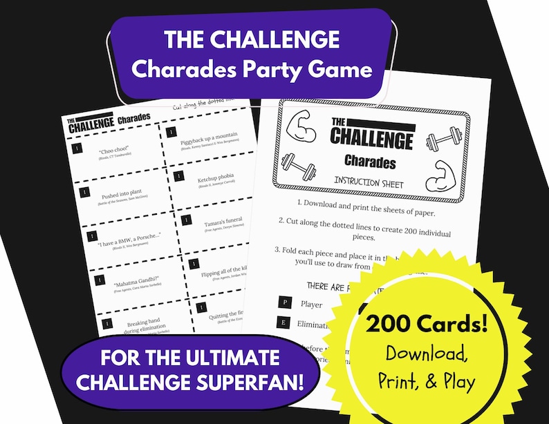 The Challenge Charades Game - Printable TV Show Fan Game, Instant ...