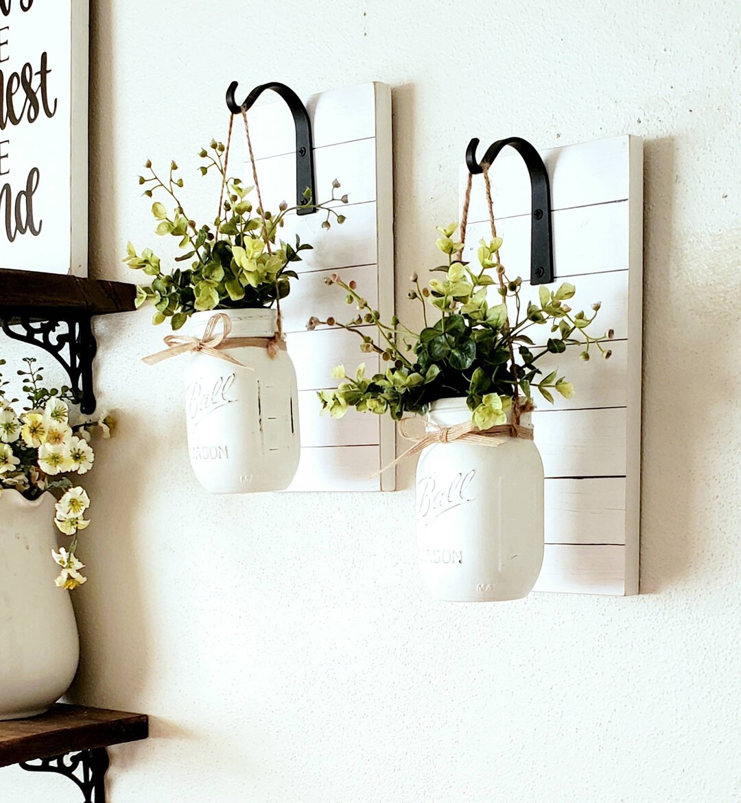 Mason Jar Sconces With Eucalyptus: Farmhouse Faux Shiplap Wall Decor ...