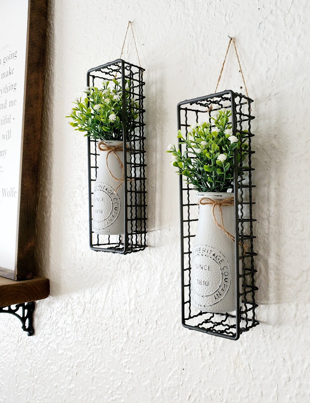 Hanging Milk Bottle Sconces: Gray Wire Baskets, Farmhouse Decor - Etsy