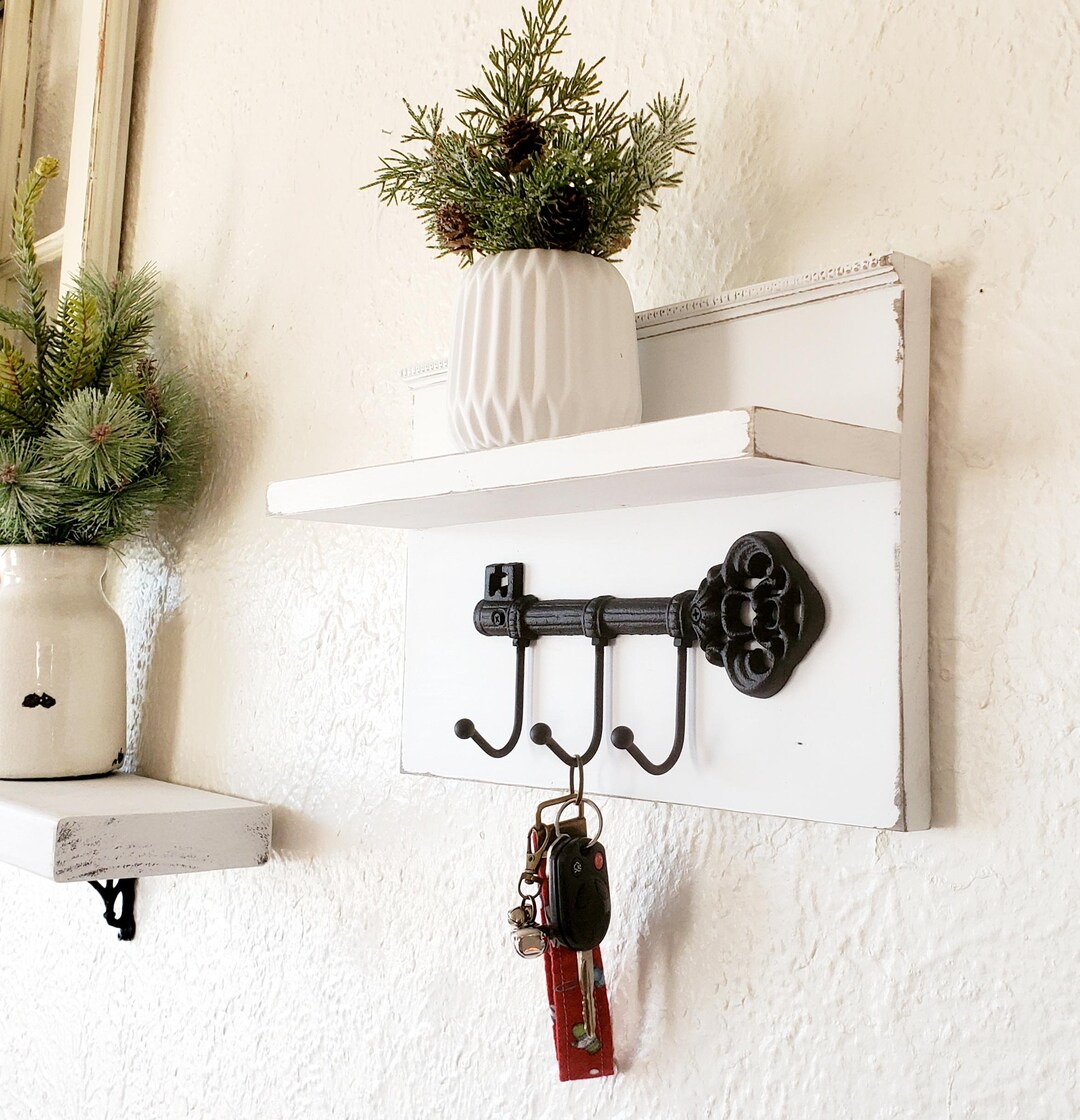 Key Shelf: Distressed White Wood With Skeleton Key Hooks, Kitchen or ...
