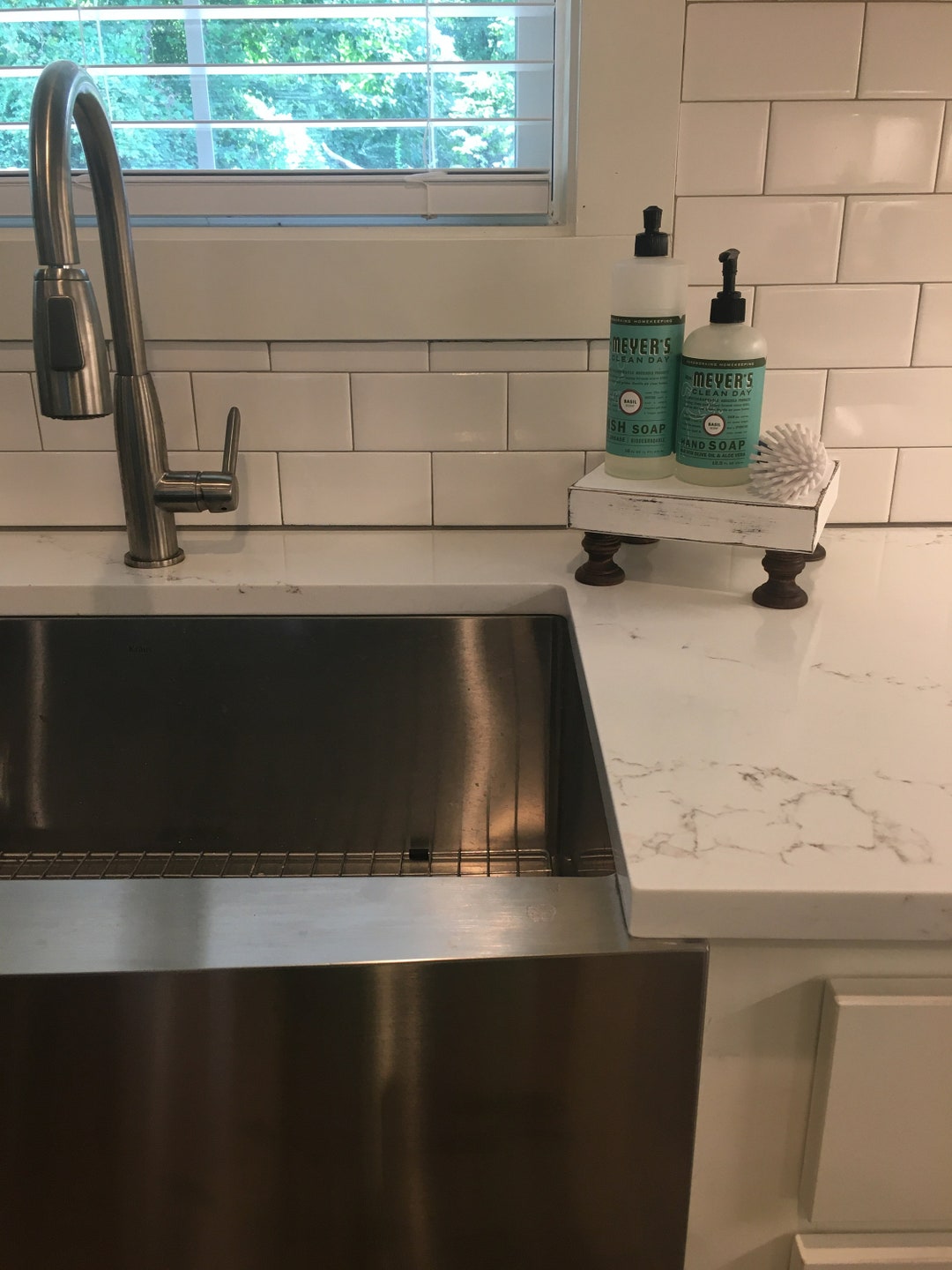 Farmhouse Riser Kitchen Pedestal Stand White Distressed With Stained ...