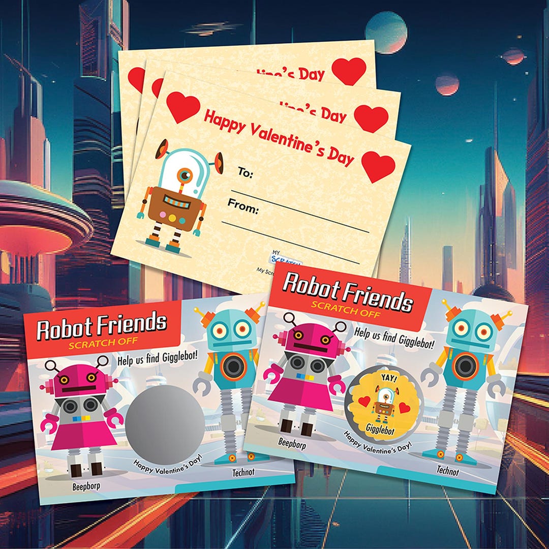 Valentine's Day Scratch off Game Cards: Robot Friends Party Favors (26 ...