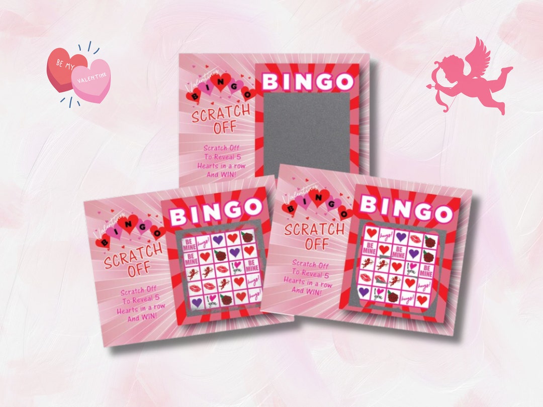 Valentine’s Day Love and Hearts BINGO Scratch off Party Favor Game Card ...
