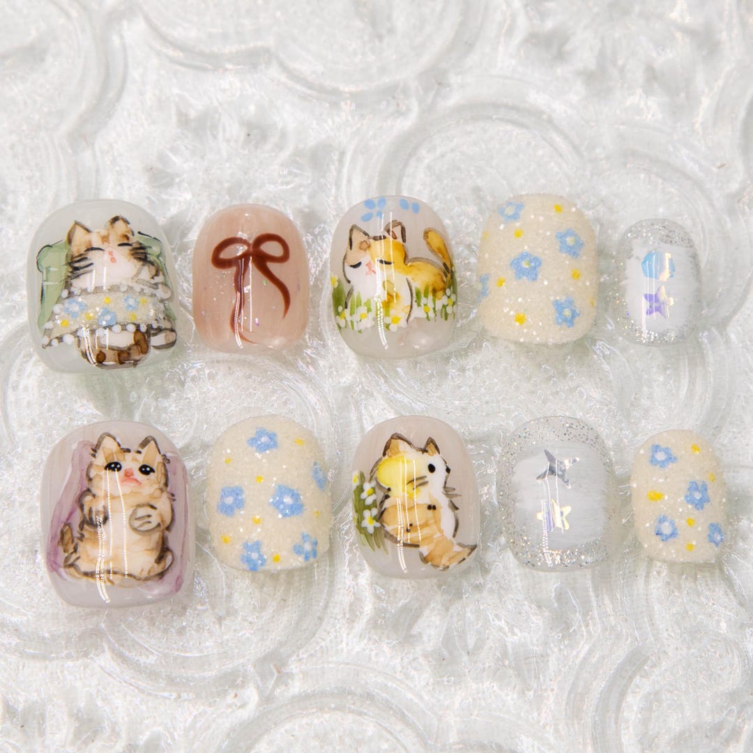 Hand Drawn Colored Pencil Nailscute Cat Nailsgift Nails custom Press on ...