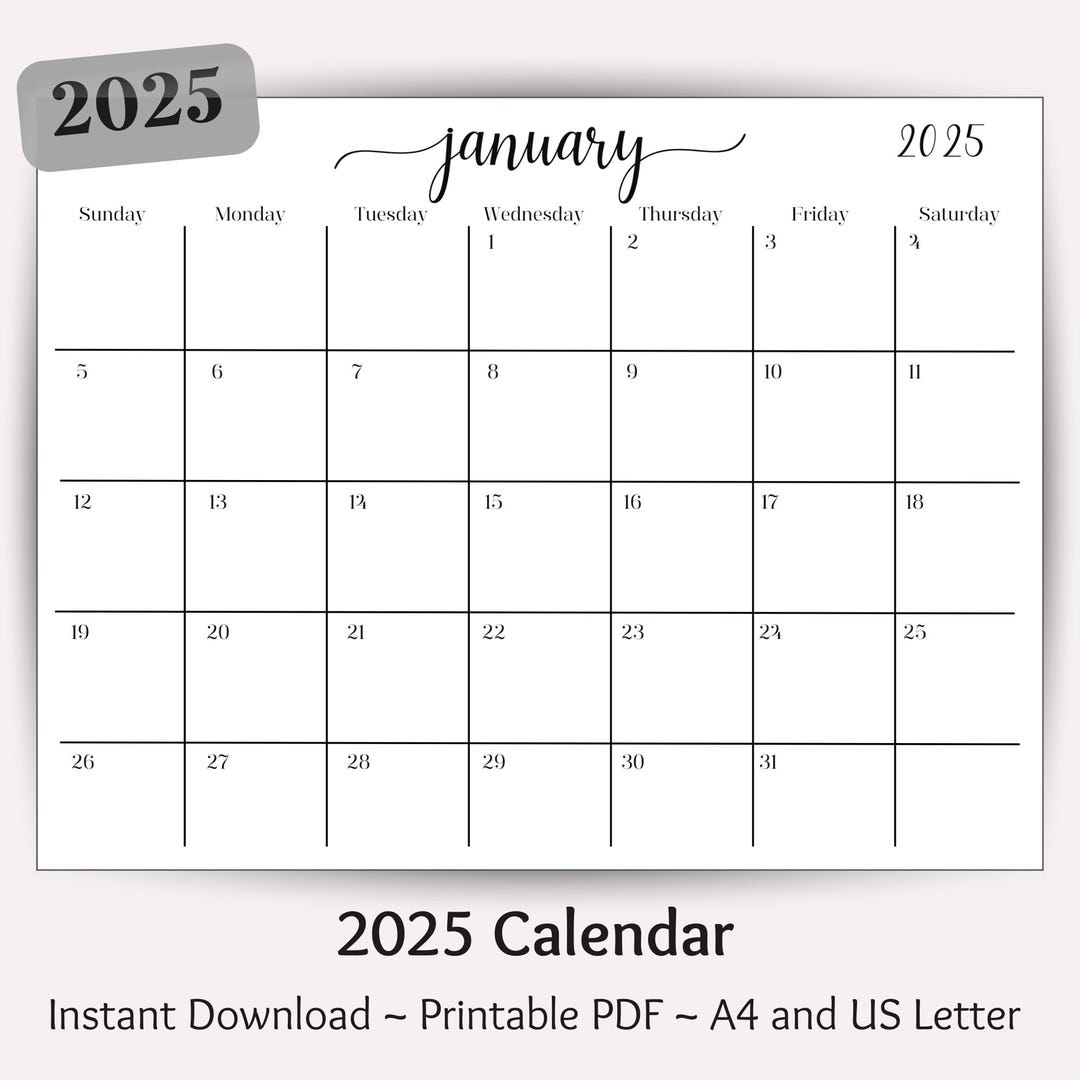 2025 Calendar PDF Printable Digital Download Calendar 2025 Script Font ...