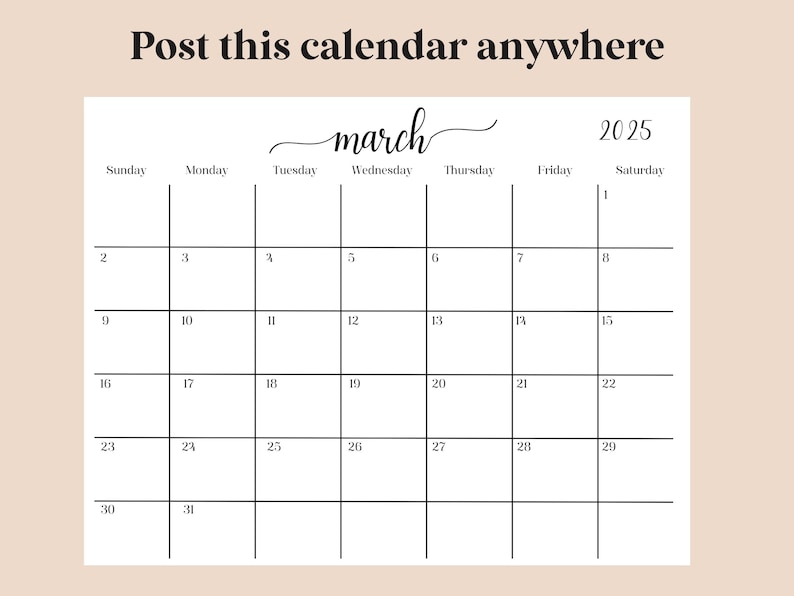 2025 Calendar | PDF Printable Digital Download | Calendar 2025 Script ...