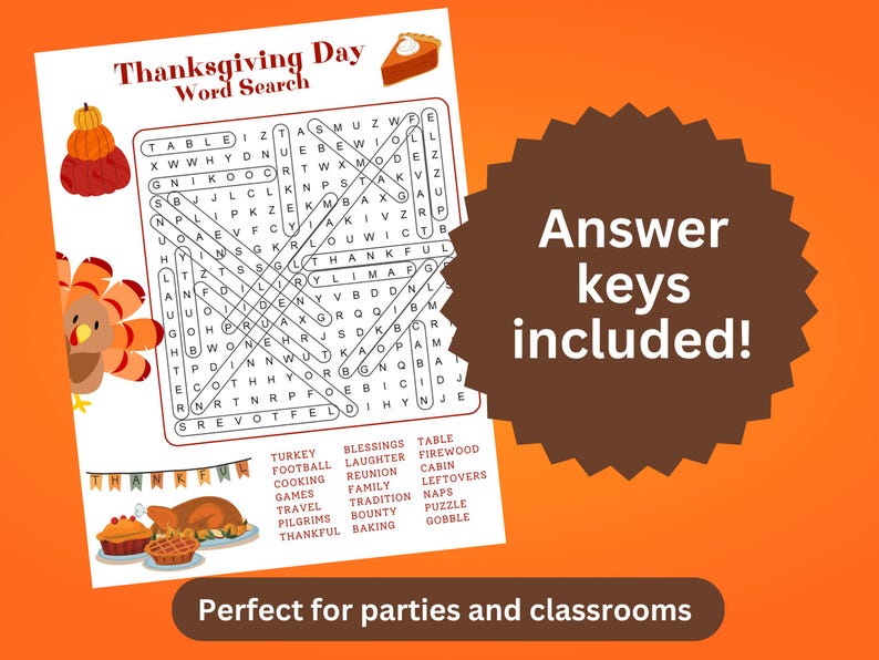 Thanksgiving Word Search Pack - Perfect for Classroom, Friendsgiving ...