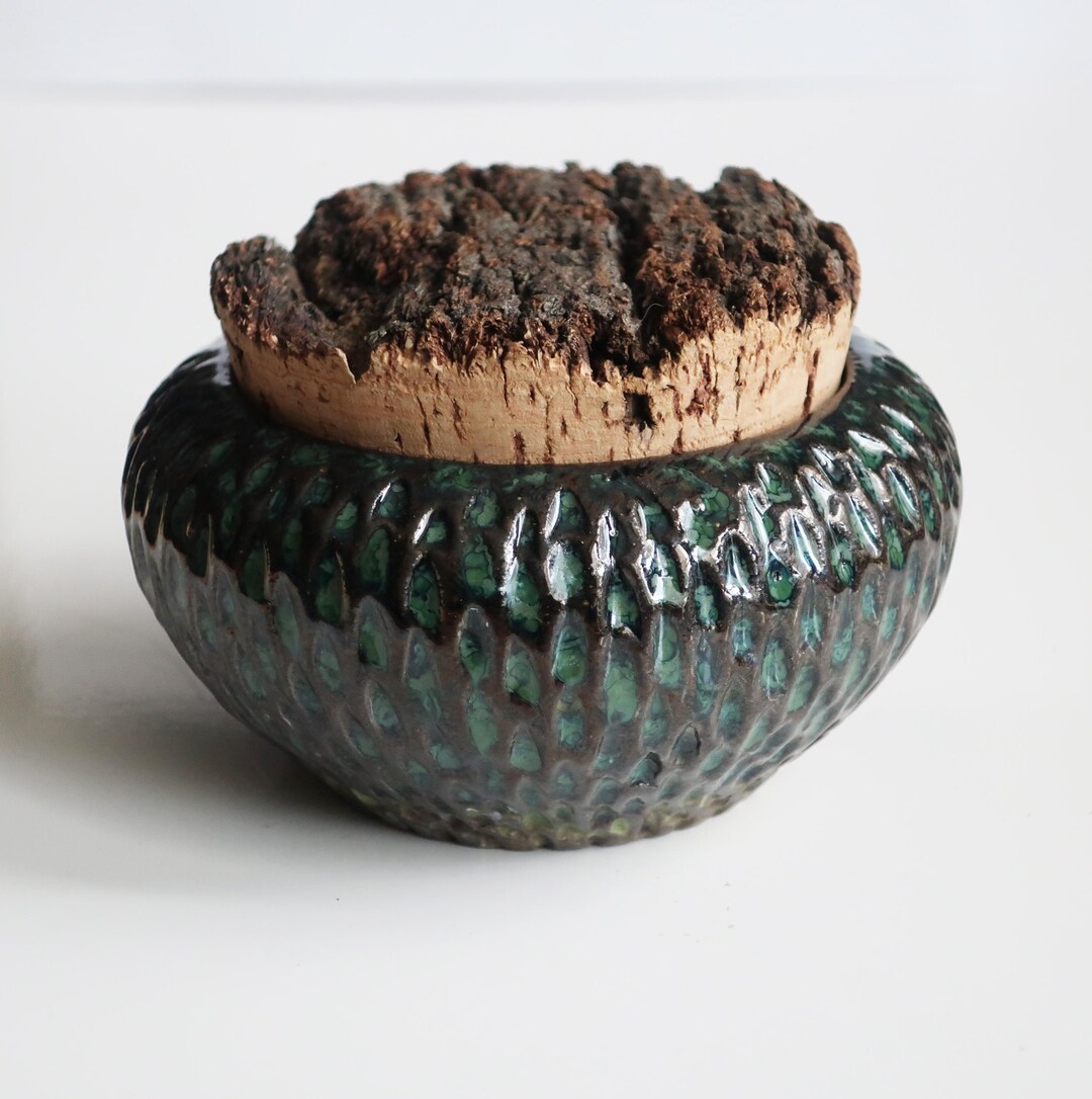 Green & Yellow Snakeskin Potion/stash Jar-dark Brown Stoneware Hand ...