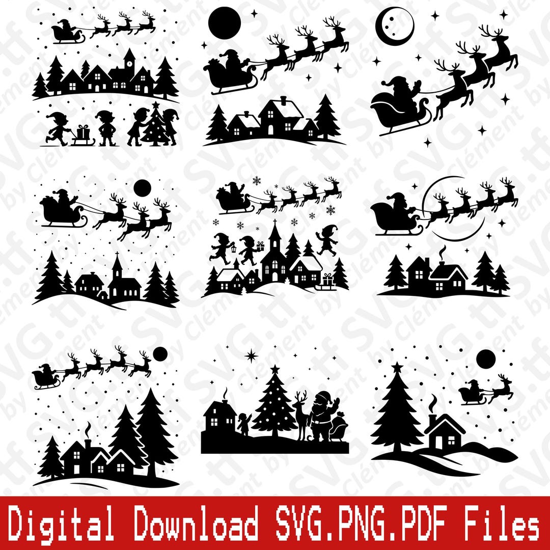 Christmas Scene. SVG PNG PDF Files. Landscape Santa Sleigh Deer Elf ...