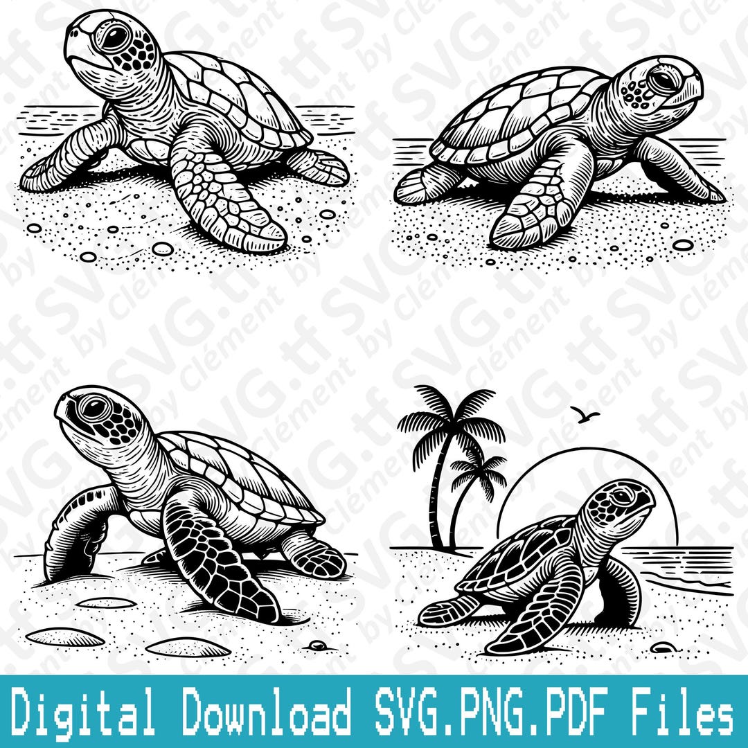 Baby Sea Turtle on A Beach. SVG PNG PDF Files. Scene Wild Animal Ocean ...