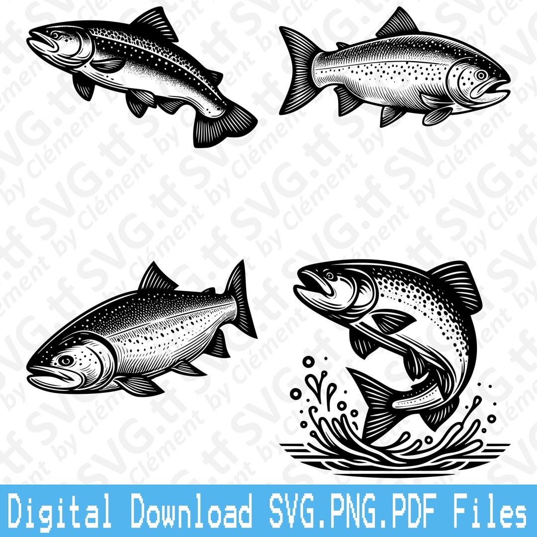 Salmon Fish. SVG PNG PDF Files. Jumping River Lake Ocean Animal Vector ...