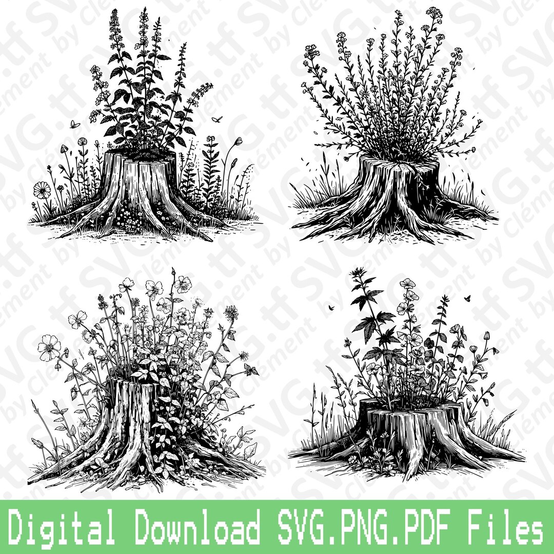 Overgrown Wildflower Tree Stump. SVG PNG PDF Files. Garden Nature ...