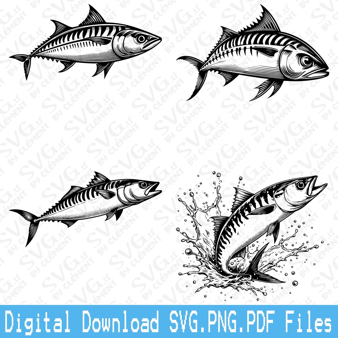 4 Mackerel Fish Design SVG PNG PDF Files. Jumping Ocean Animal Vector ...