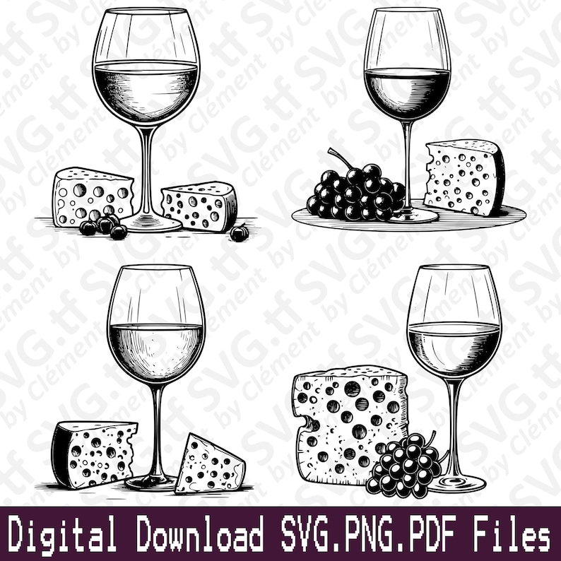 Wine and Cheese. SVG PNG PDF Files. Glass Grape Appetizer Relaxation Vector Clipart Print Cut ...