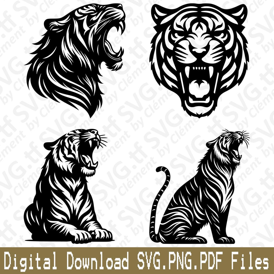 Roaring Tiger. SVG PNG PDF Files. Head Sitting Lying Wild Animal Emblem ...