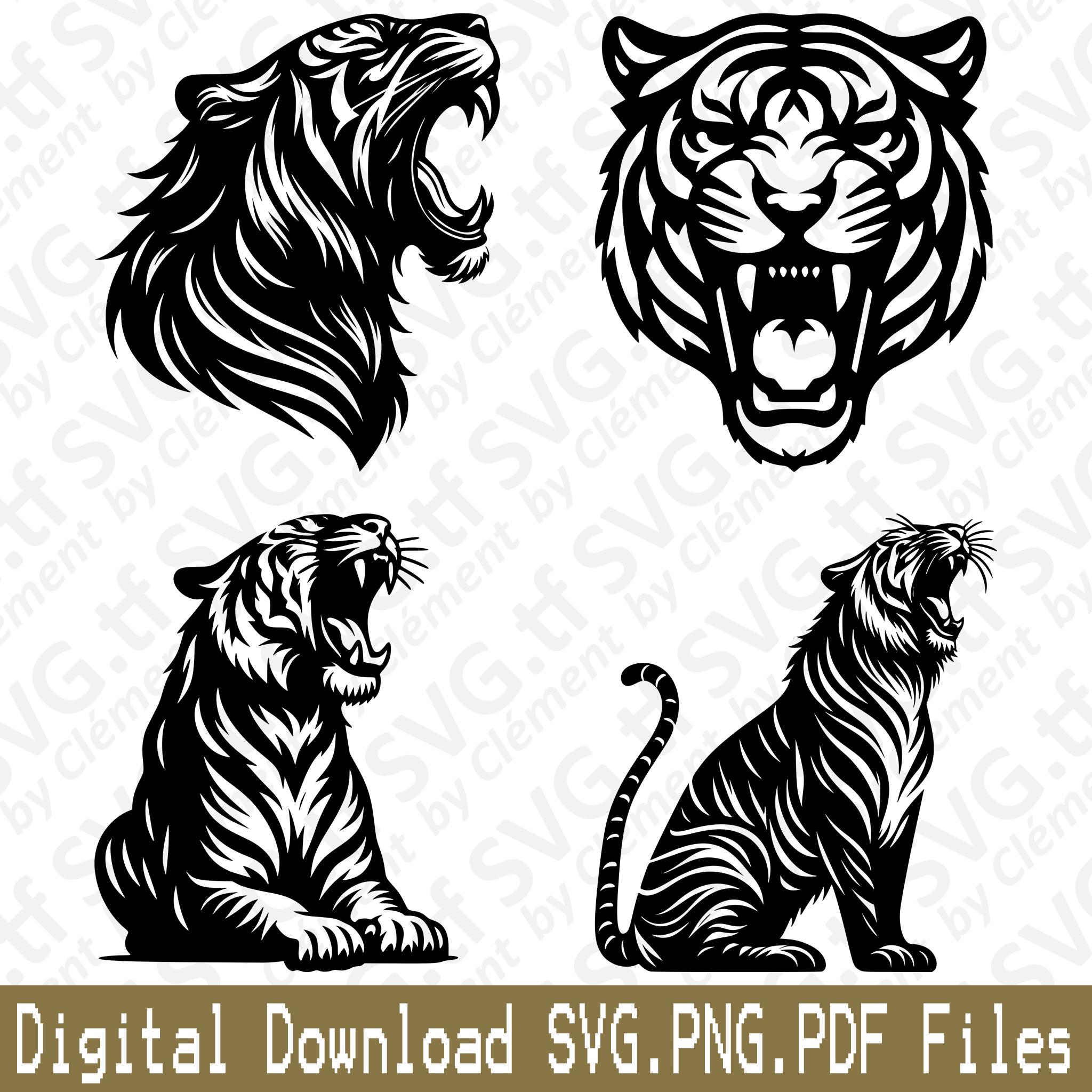 Roaring Tiger. SVG PNG PDF Files. Head Sitting Lying Wild Animal Emblem ...