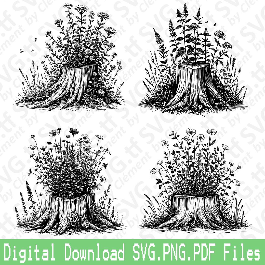 Overgrown Wildflower Tree Stump. SVG PNG PDF Files. Garden Nature ...