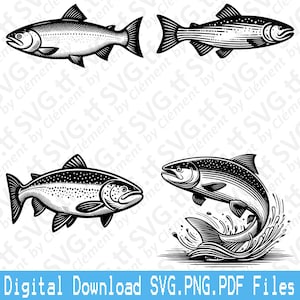 Salmon Fish. SVG PNG PDF Files. Jumping River Lake Ocean Animal Vector ...