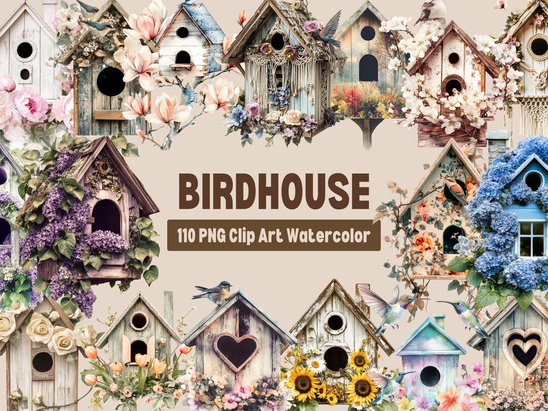 Bird Houses Clipart, Watercolor Birdhouse PNG, Rustic Garden Clipart ...