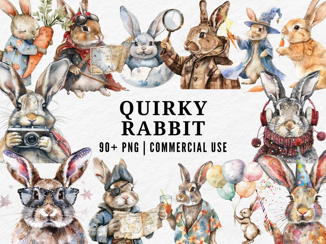 Watercolor Funny Bunny Clipart, Quirky Rabbit PNG Set (digital Download ...