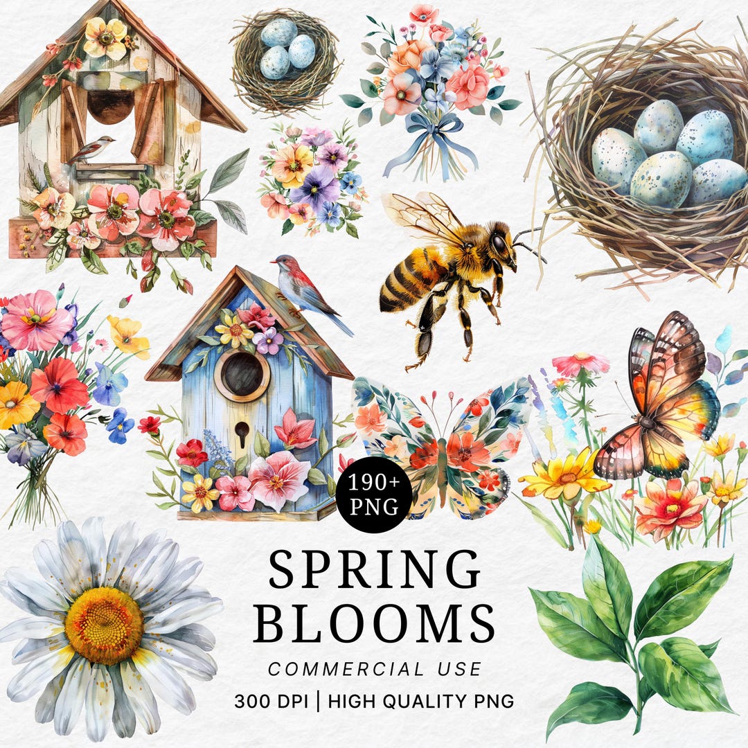 Spring Blooms Clipart Set, Floral PNG, Pastel Flower Illustrations ...
