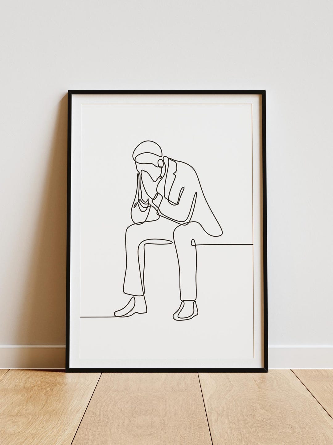 Printable Minimalist One Line Drawing of Sad Man Sitting Continuous ...