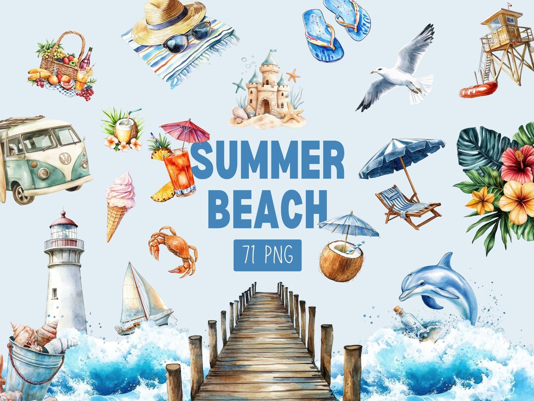 Watercolor Beach Clipart: Summer Seaside Vacation PNG (digital Files ...