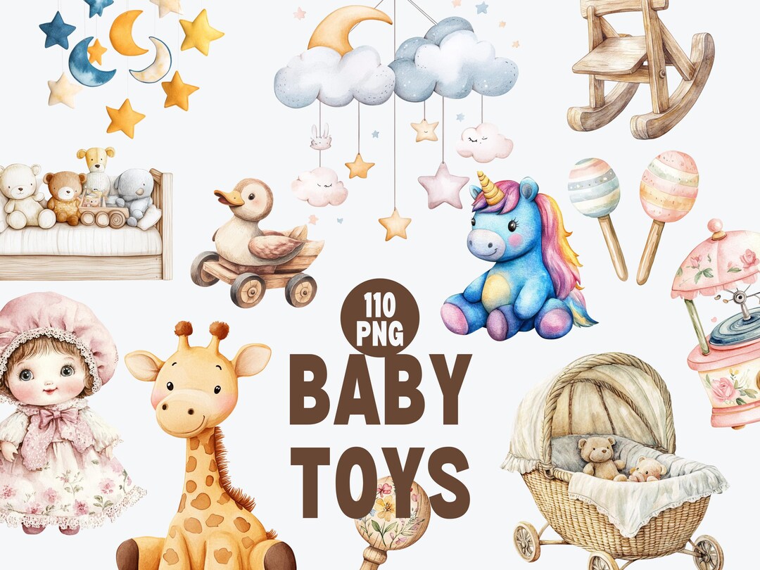 Baby Toys Clipart, Watercolor Baby Clipart, Vintage Toys Clipart ...