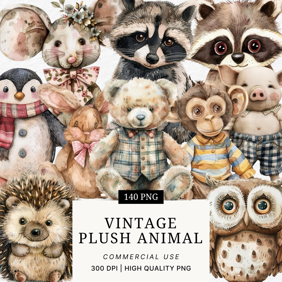 Vintage Plush Animal Clipart, Retro Teddy PNG, Old Toy Illustration ...