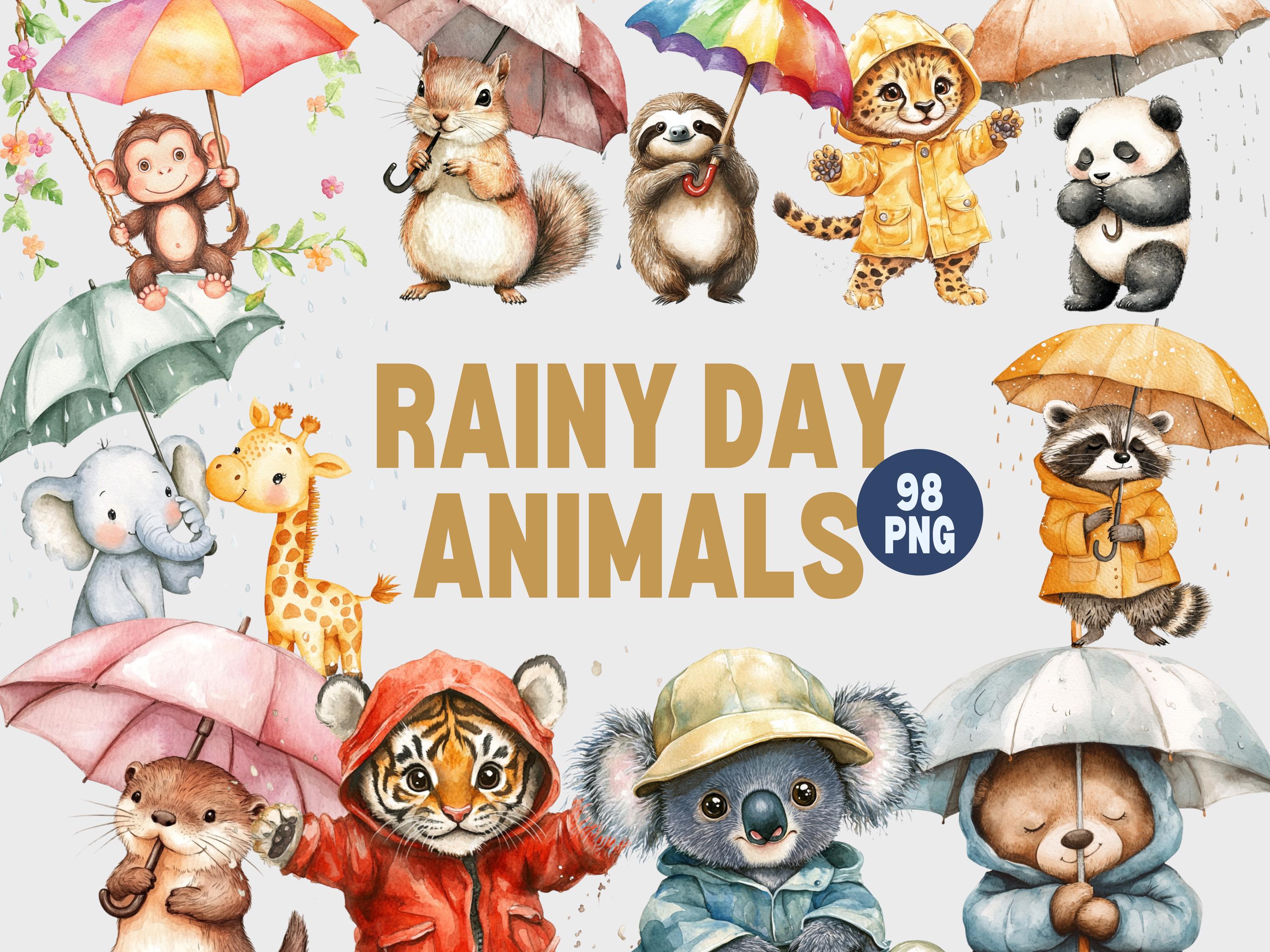 Watercolor Rainy Day Animal Clipart, Cozy Raincoats (digital Download ...