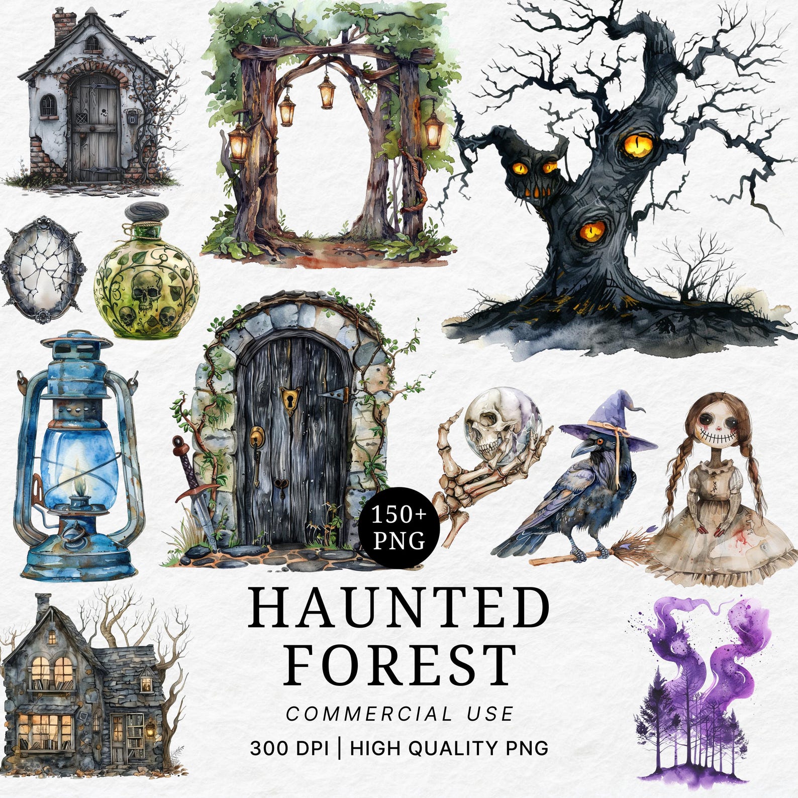 Haunted Forest Clipart Set, Dark Halloween Forest PNG, Haunted Tree ...