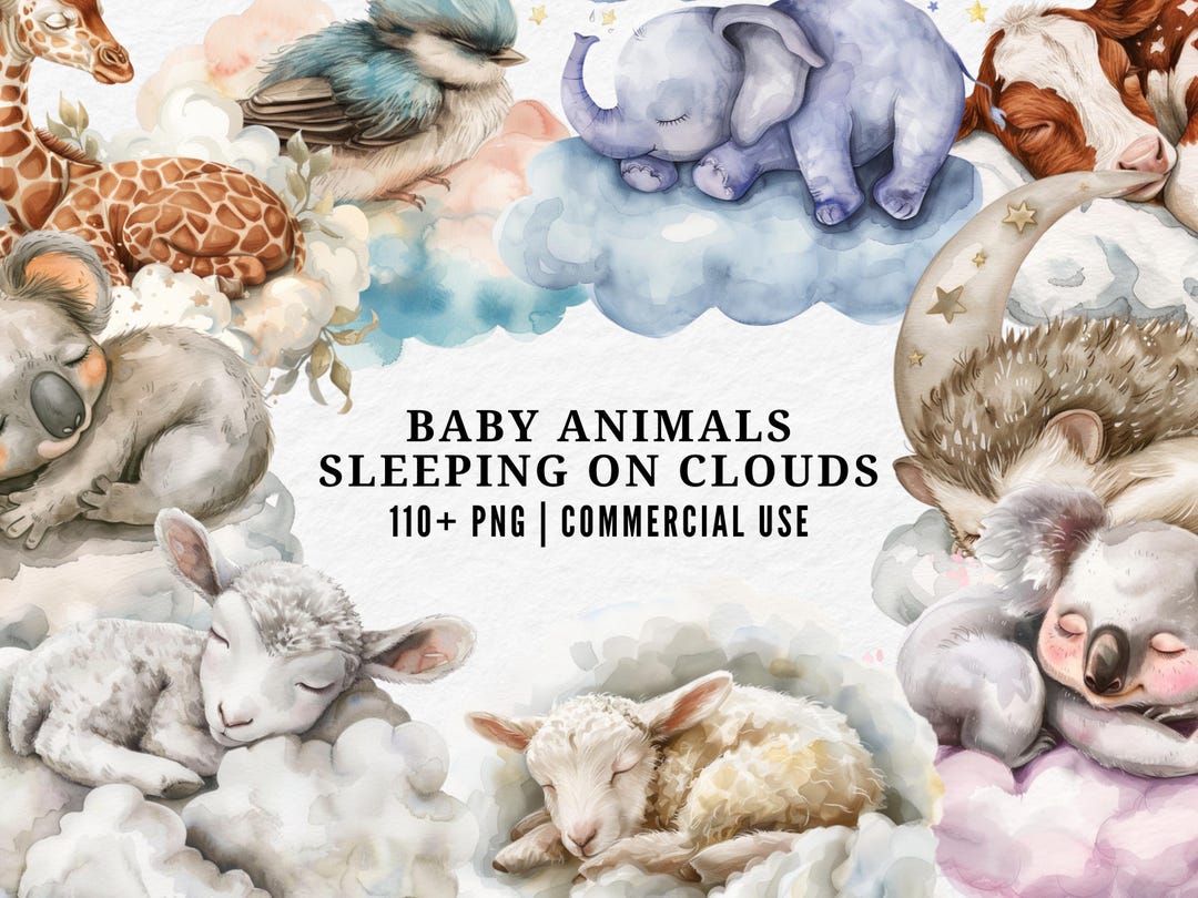 Baby Animal Sleeping Clipart, Cute Sleeping Animal PNG, Watercolor ...