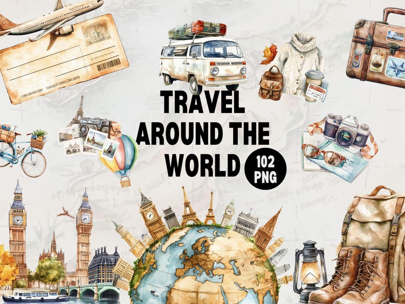 Watercolor Travel Clipart: World Landmarks Illustration (PNG Digital ...