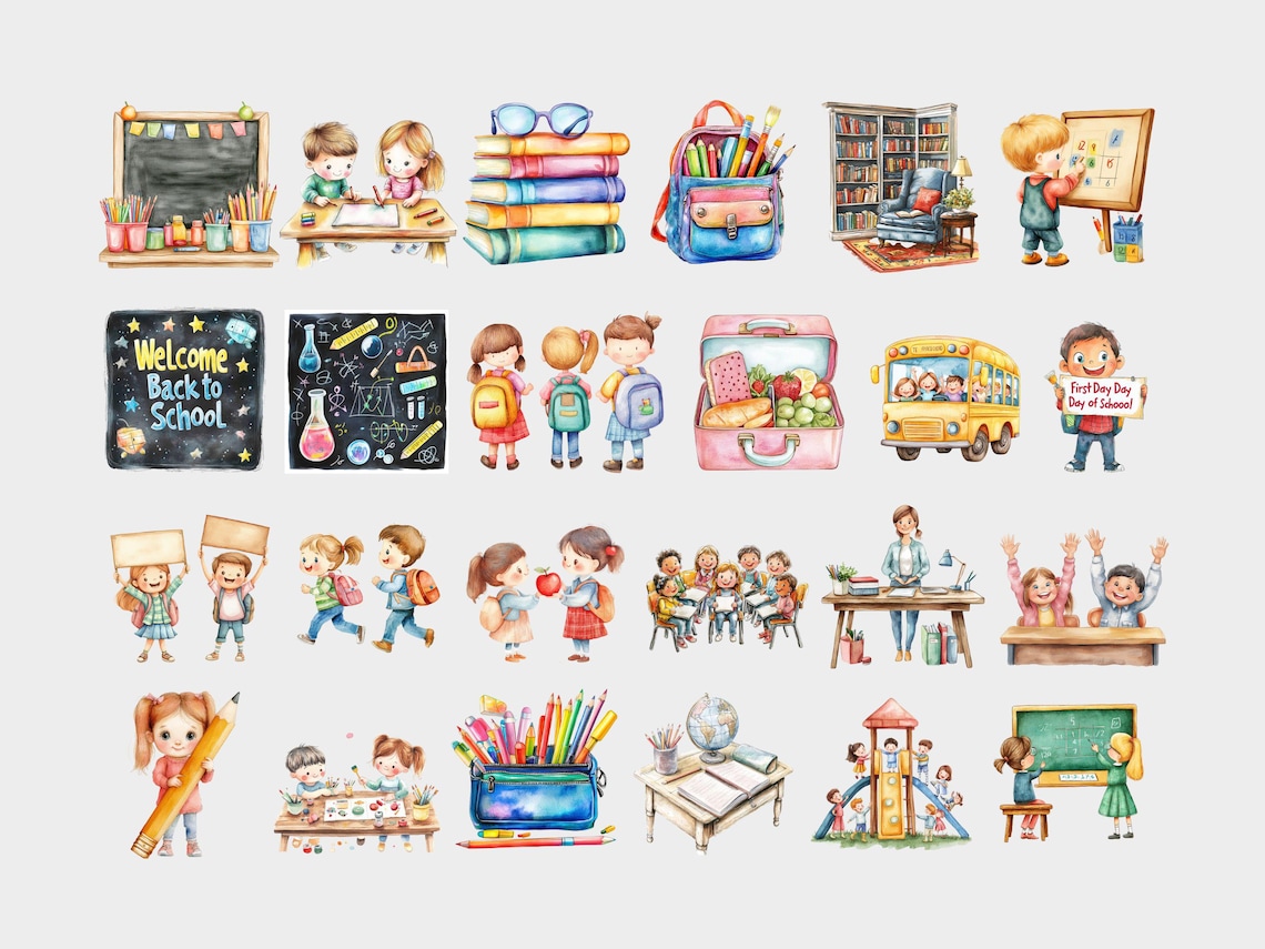 Back to School Clipart, Watercolor School PNG, Classroom Supplies ...