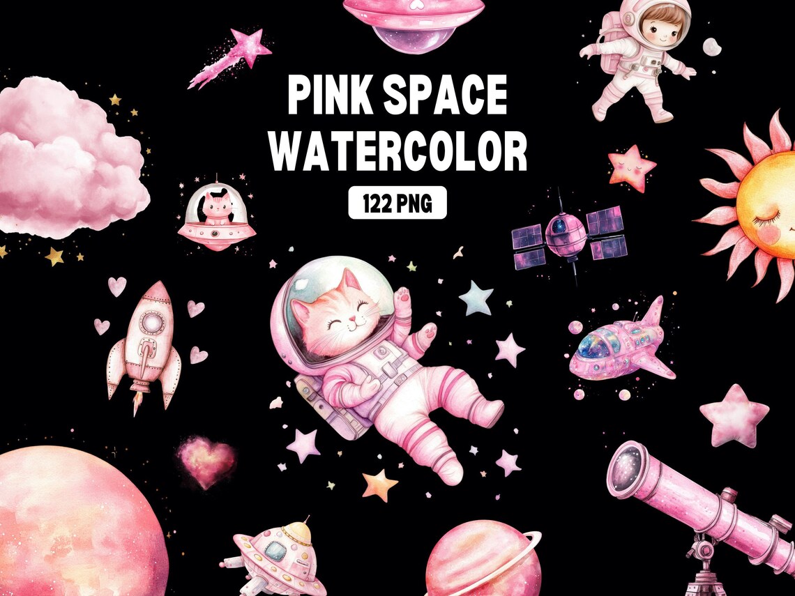 Pink Space Girl Clipart, Watercolor Space Clipart, Cute Astronaut ...
