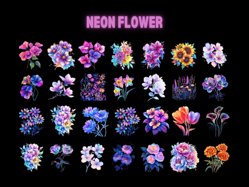 Neon Flower Clipart, Vibrant Watercolor Flower Clipart, Bright Floral ...