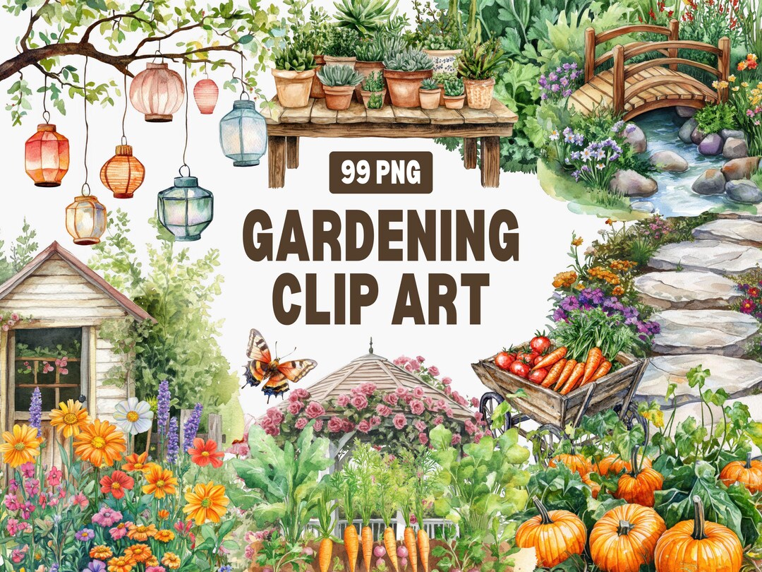 Watercolor Gardening Clipart: Botanical Plants & Tools (PNG Digital ...