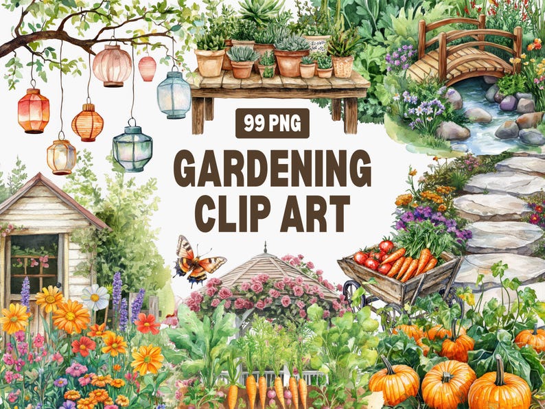 Watercolor Gardening Clipart: Botanical Plants & Tools (PNG Digital ...