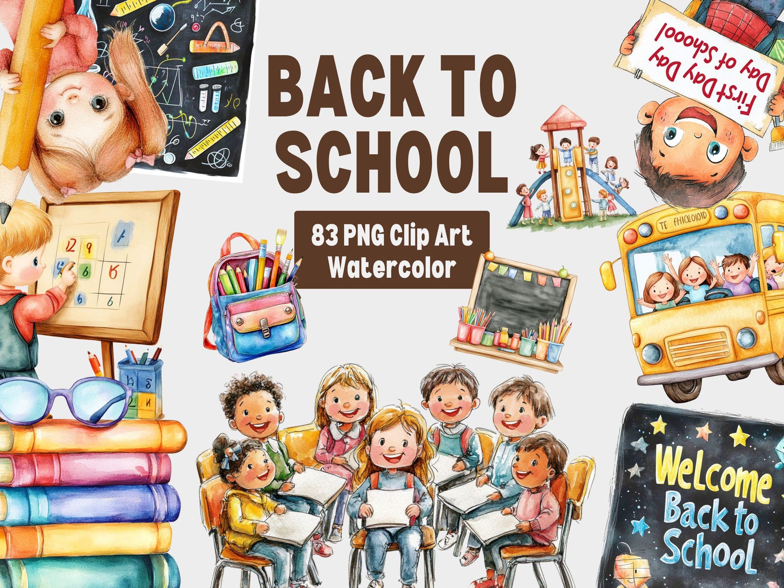 Back to School Clipart, Watercolor School PNG, Classroom Supplies ...