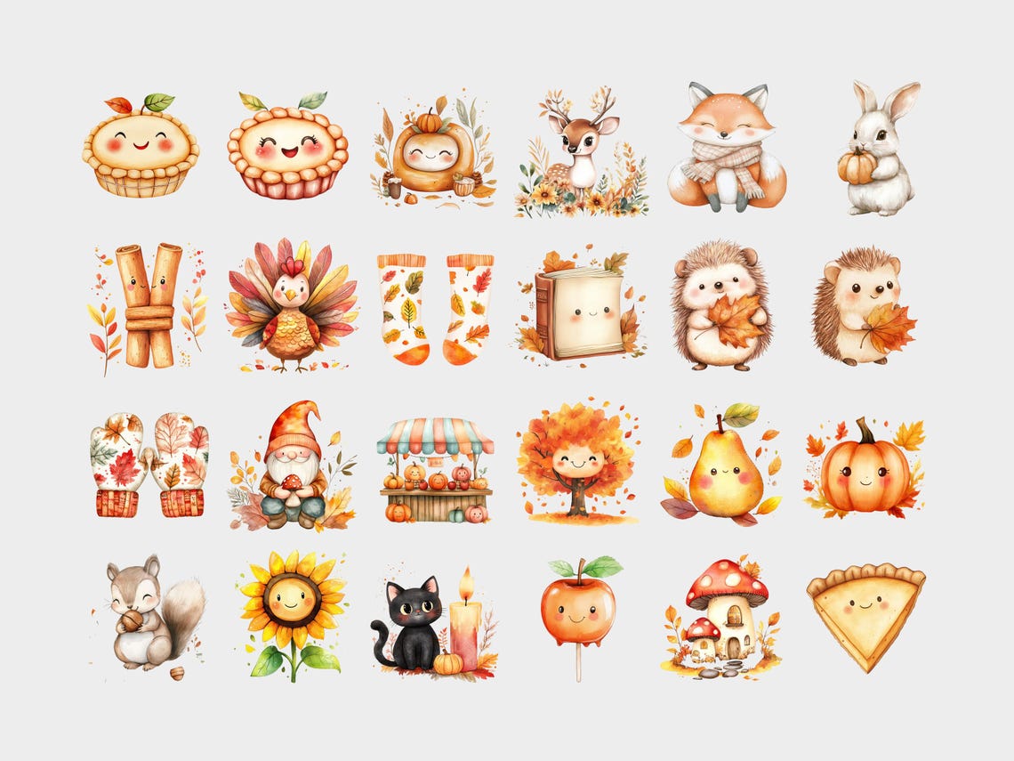 Cute Kawaii Fall Clipart, Watercolor Autumn Clipart, Cozy Season ...