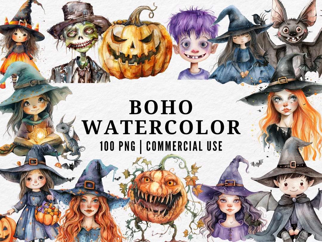 Watercolor Halloween Clipart: Spooky Ghost & Pumpkin PNG (digital ...