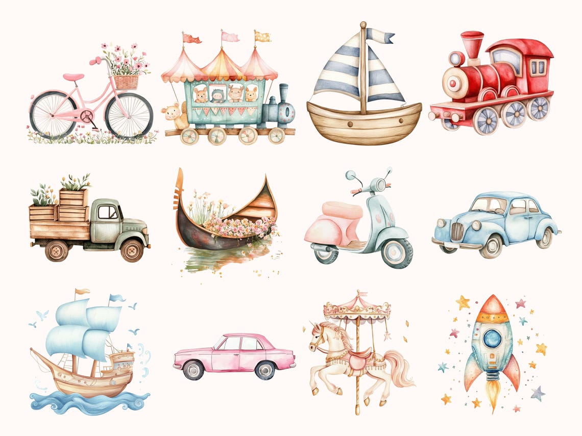 Watercolor Transport Clipart, Nursery Vehicle PNG (digital Download) - Etsy