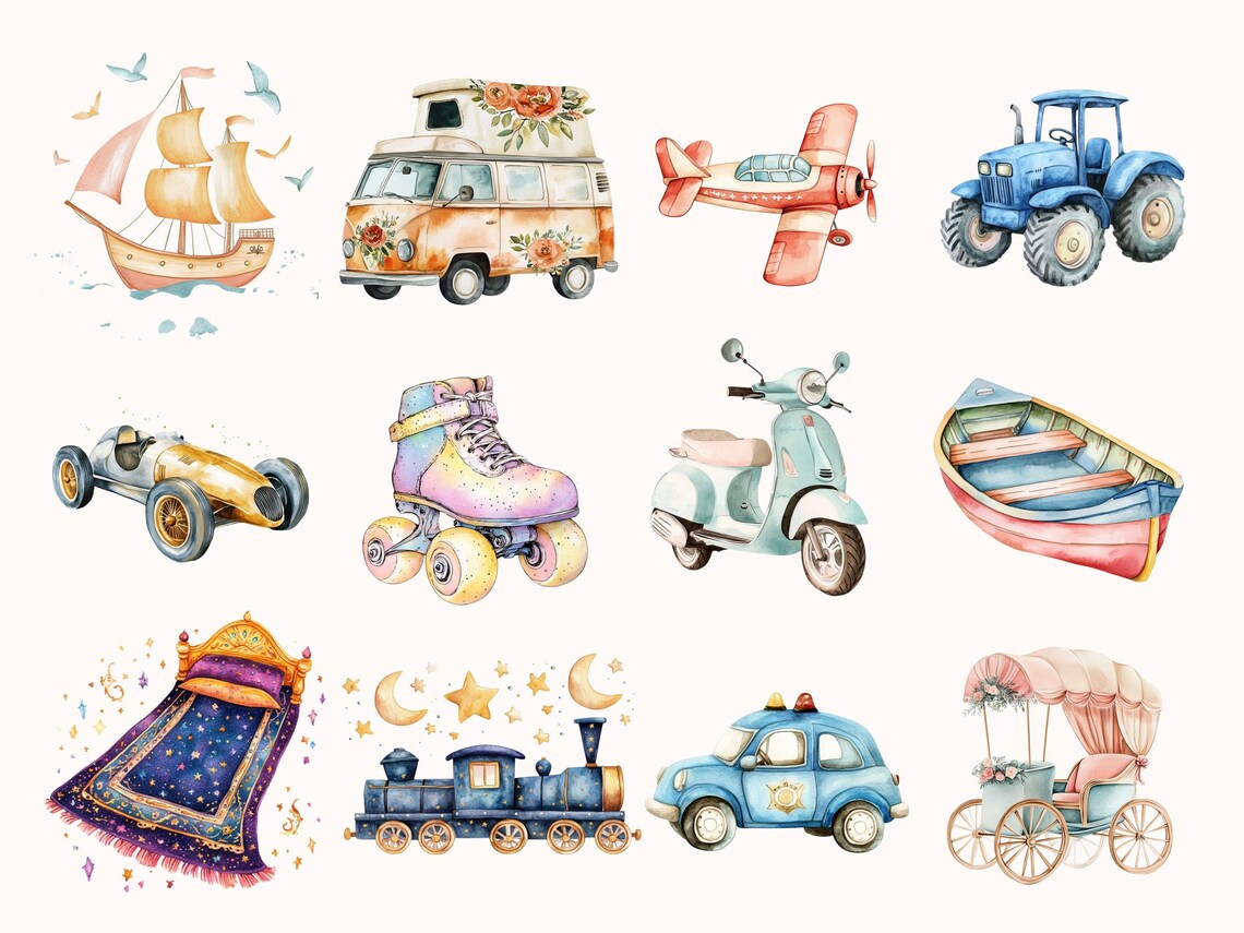 Watercolor Transport Clipart, Nursery Vehicle PNG (digital Download) - Etsy