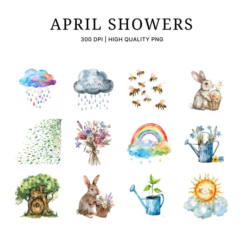 April Shower Clipart, Rainy Spring PNG, Cute Umbrella, Whimsical ...