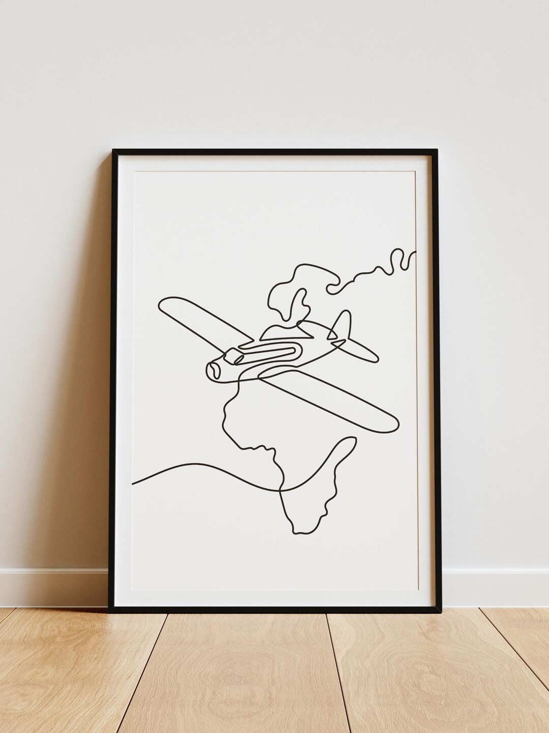 Printable Minimalist One Line Drawing of Plane Flying With Map Behind ...