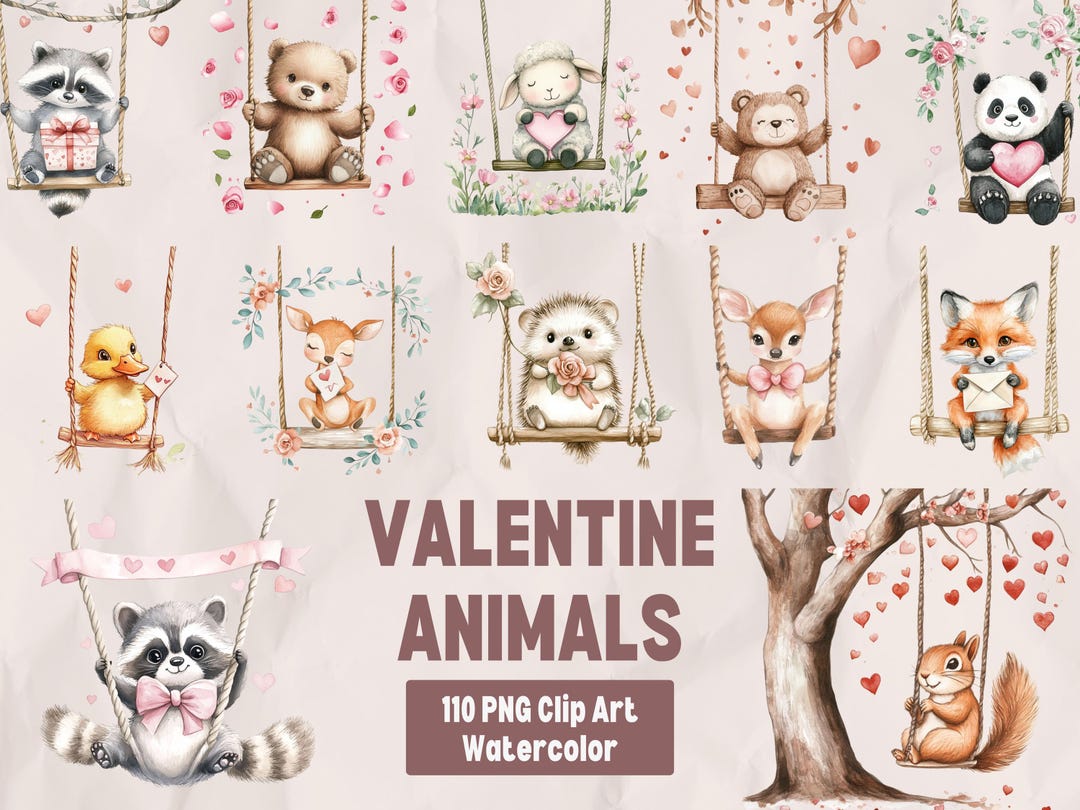 Valentine Animals Clipart, Watercolor Valentine Animals PNG, Cute Love ...