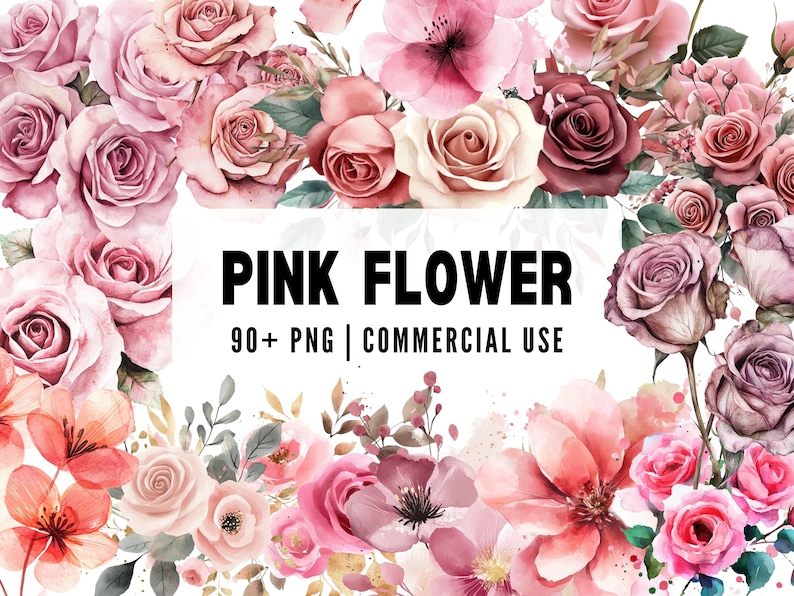 Pink Rose Clipart, Rose Flower PNG, Watercolor Rose Clipart, Romantic ...