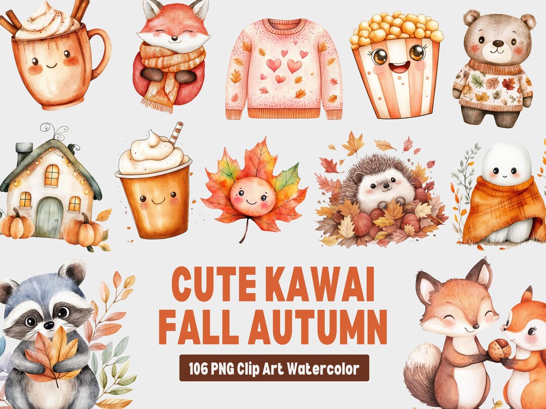 Cute Kawaii Fall Clipart, Watercolor Autumn Clipart, Cozy Season ...