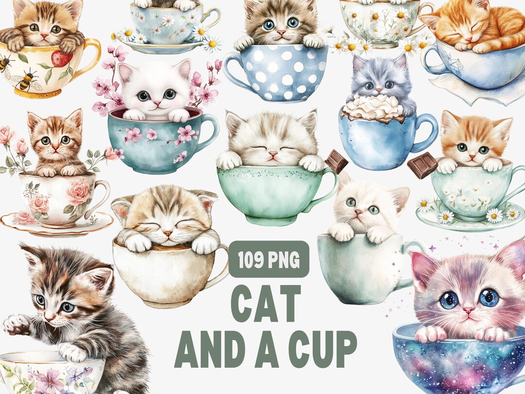 Kitten Cup Clipart, Watercolor Cat Clipart, Cute Kitten Clipart, Tea ...