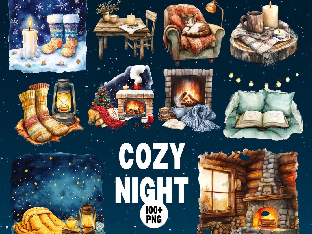 Cozy Night Clipart, Hygge Night PNG, Warm Winter Clipart, Bedtime ...